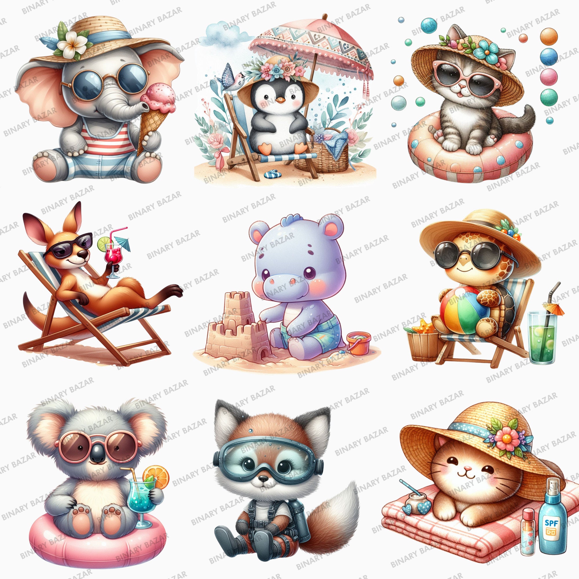 Cute Summer Animals Clipart PNG Bundle 26 Watercolor Cute & Adorable ...