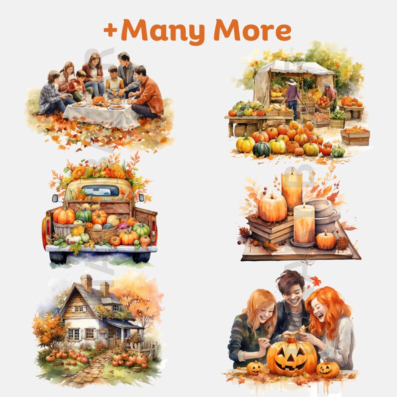 80 Fall Thanksgiving Clipart PNG Bundle Watercolor Cozy Autumn Pumpkin ...