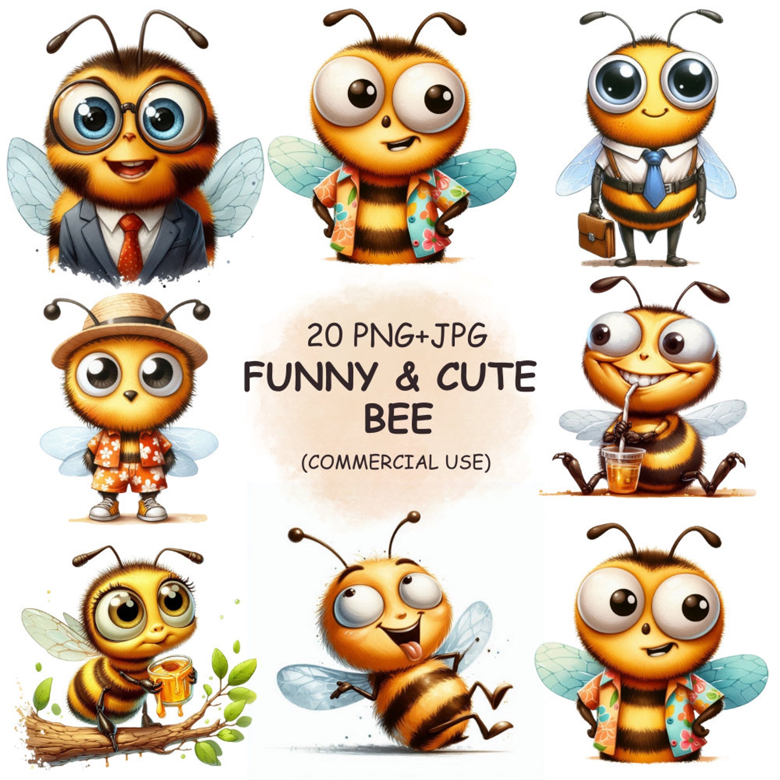 Funny and Cute Honey Bee Clipart JPGPNG Bundle 20 Watercolor Quirky Bee ...