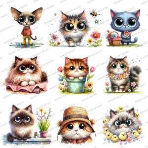 Cute Spring Cats Clipart PNG Bundle – Watercolor Quirky Floral Cats ...