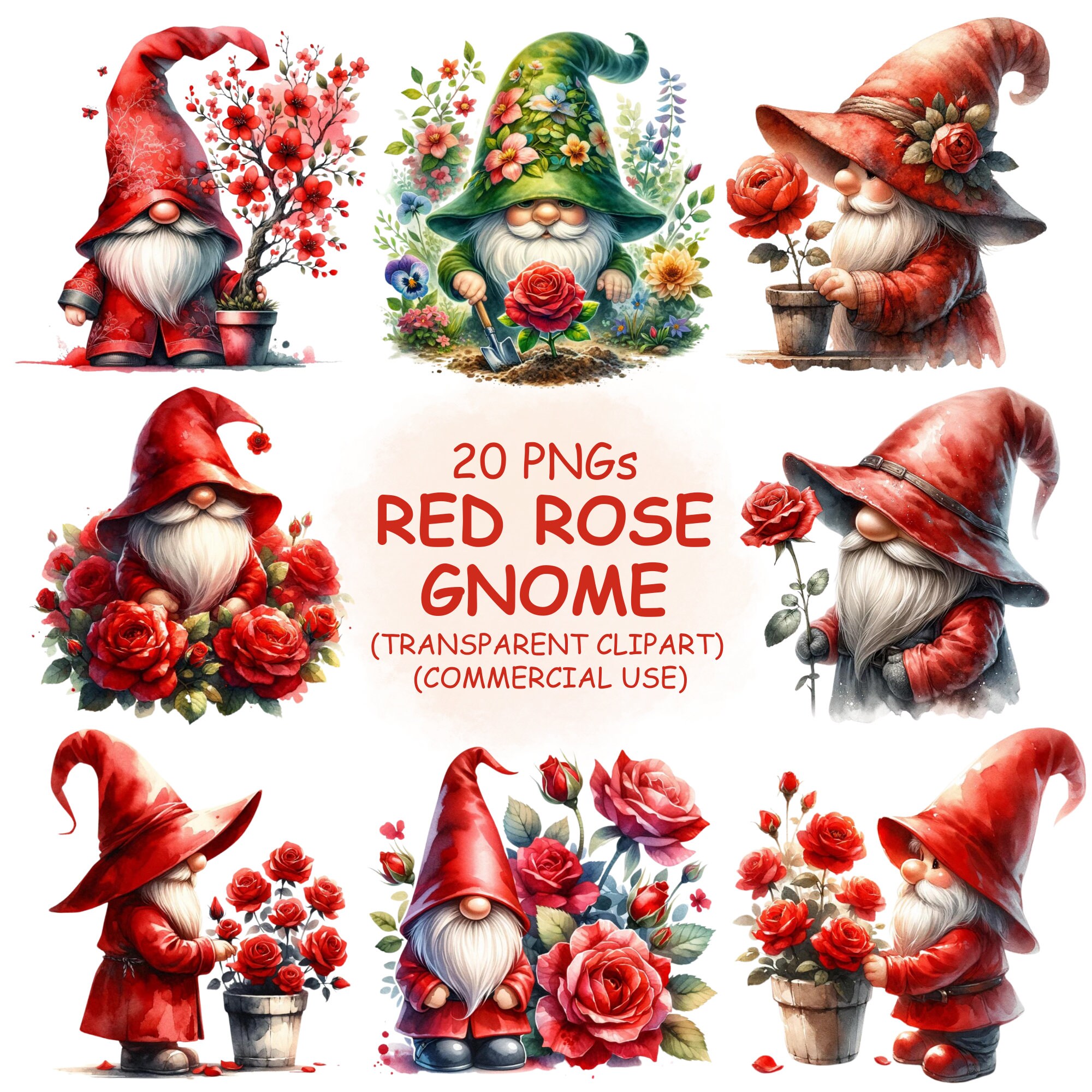 Red Rose Flower Garden Gnome Clipart PNG Bundle Watercolor Spring Gnome ...