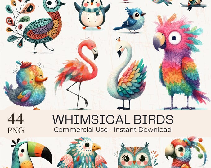 Funny Whimsical Bird Clipart Set: 18 PNG Files, Quirky Watercolor Birds ...