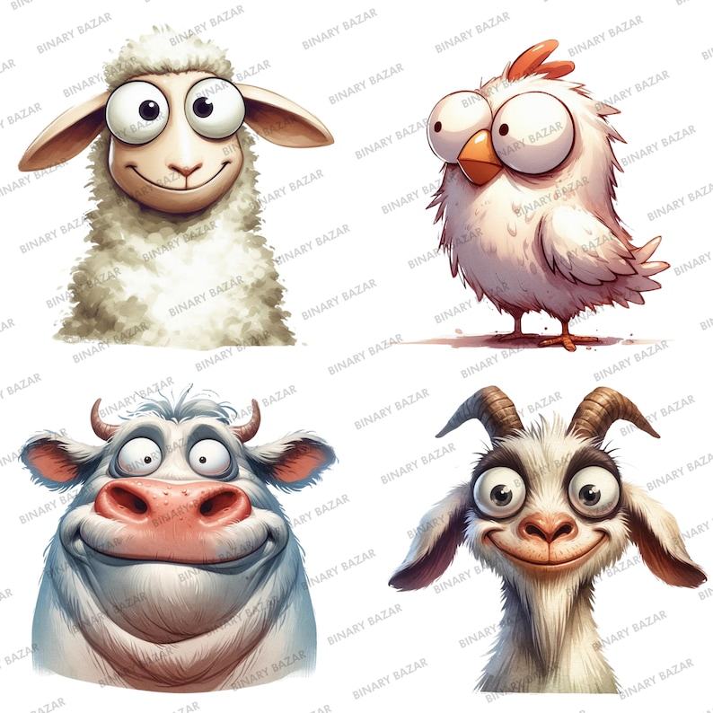 Cute and Funny Farm Animals Clipart PNG Bundle 58 Watercolor Cow, Goat ...