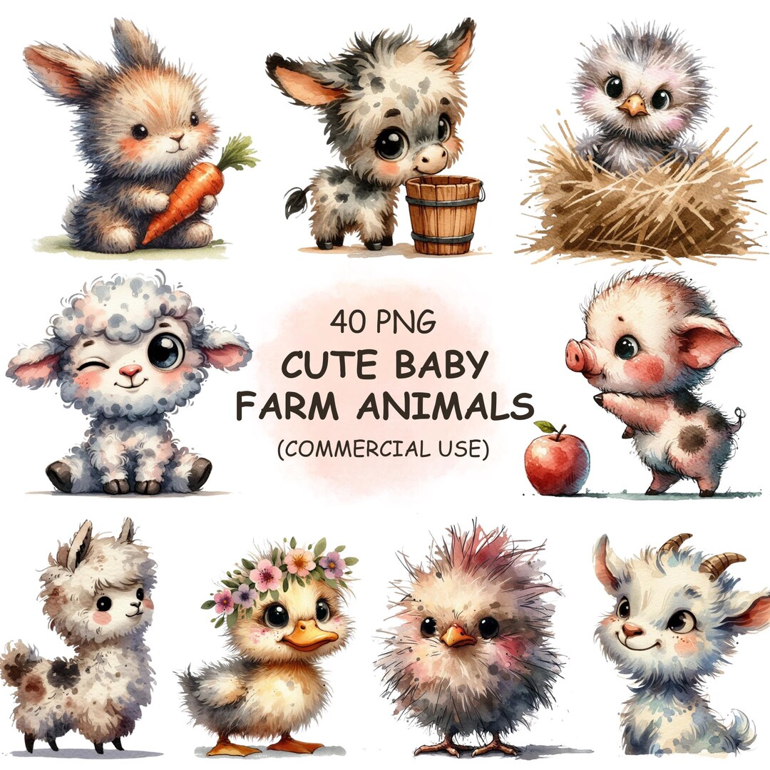 Cute Baby Farm Animals Clipart PNG – 40 Watercolor Farm Animals, Cow ...