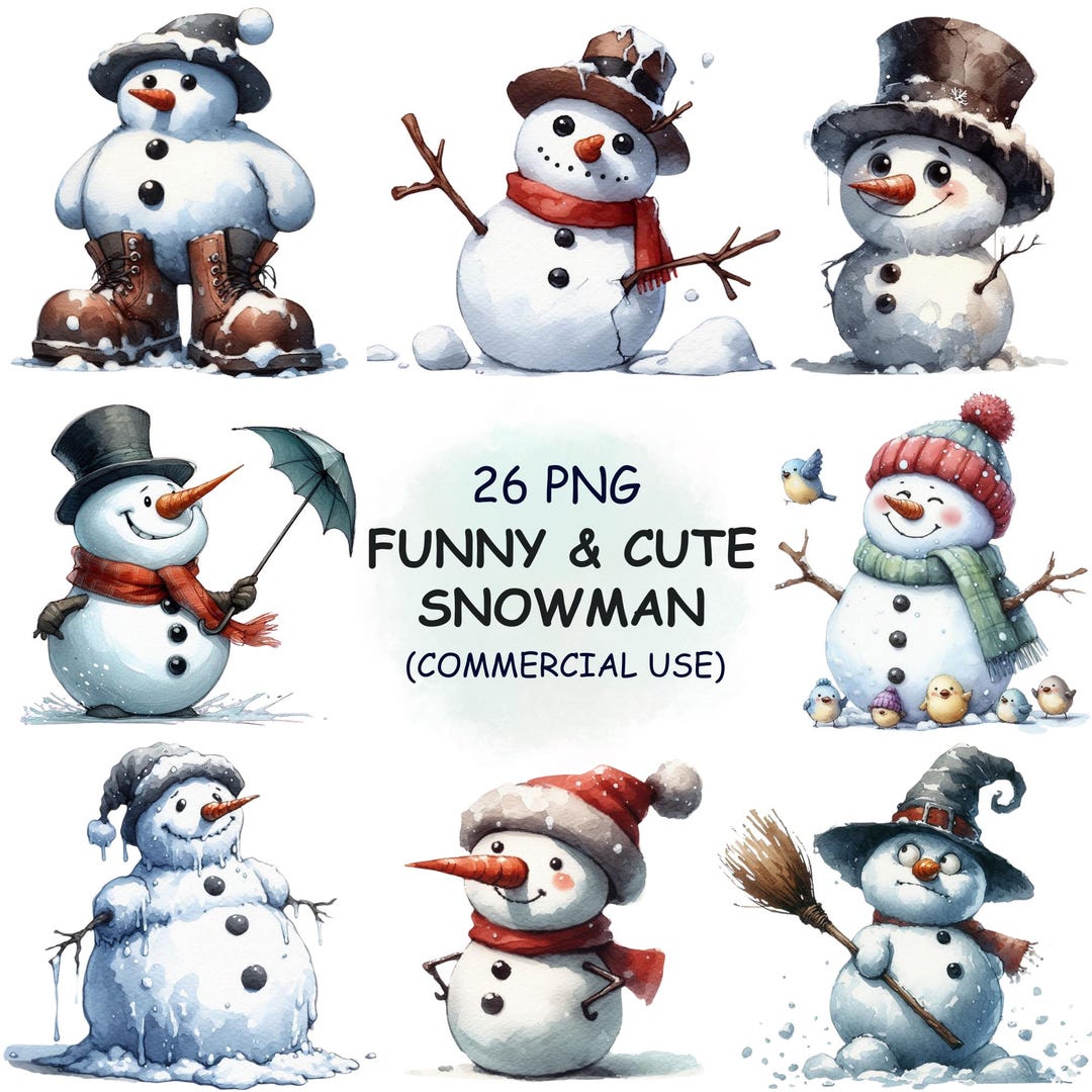 26 Cute Funny Snowman Clipart PNG Bundle Watercolor Quirky Winter Snow ...