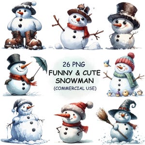 26 Cute Funny Snowman Clipart PNG Bundle Watercolor Quirky Winter Snow ...