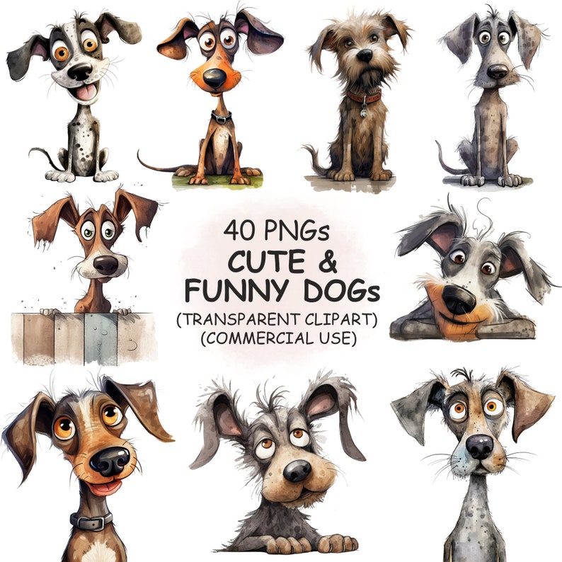 40 Funny and Cute Dog Clipart PNG Bundle Watercolor Quirky Dogs Puppy ...