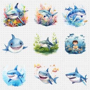 25 Cute Baby Shark PNG Clipart Bundle - Watercolor Adorable Kawaii Sea ...