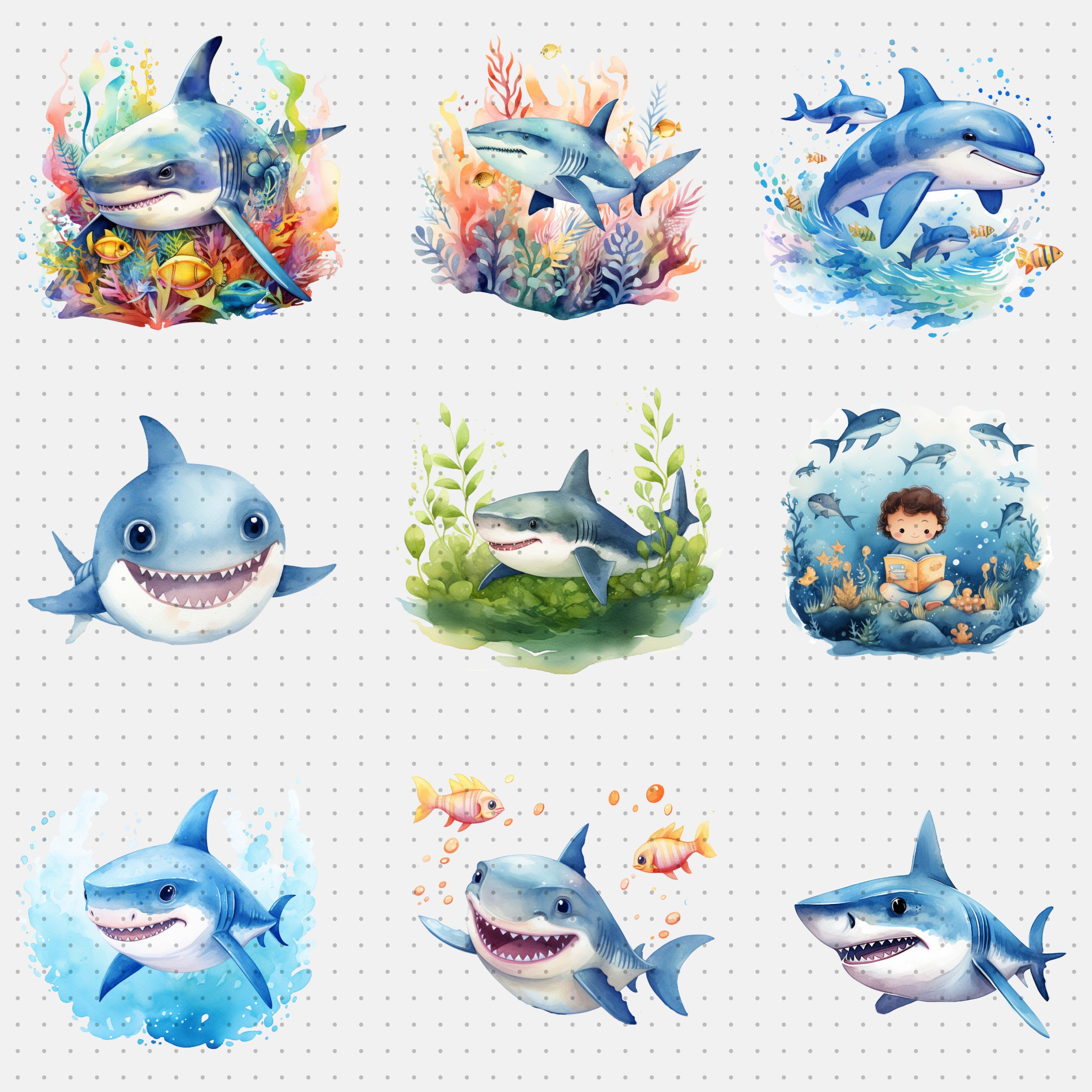 25 Cute Baby Shark PNG Clipart Bundle Watercolor Adorable Kawaii Sea ...