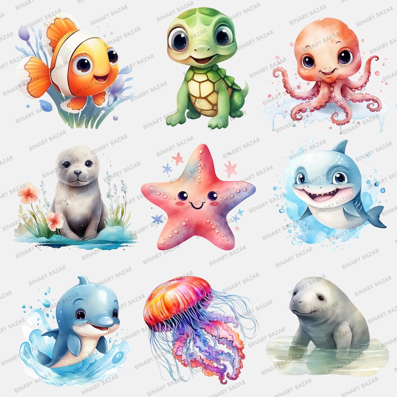 Cute Sea Life Creatures Clipart PNG Bundle 18 Watercolor Ocean Under ...