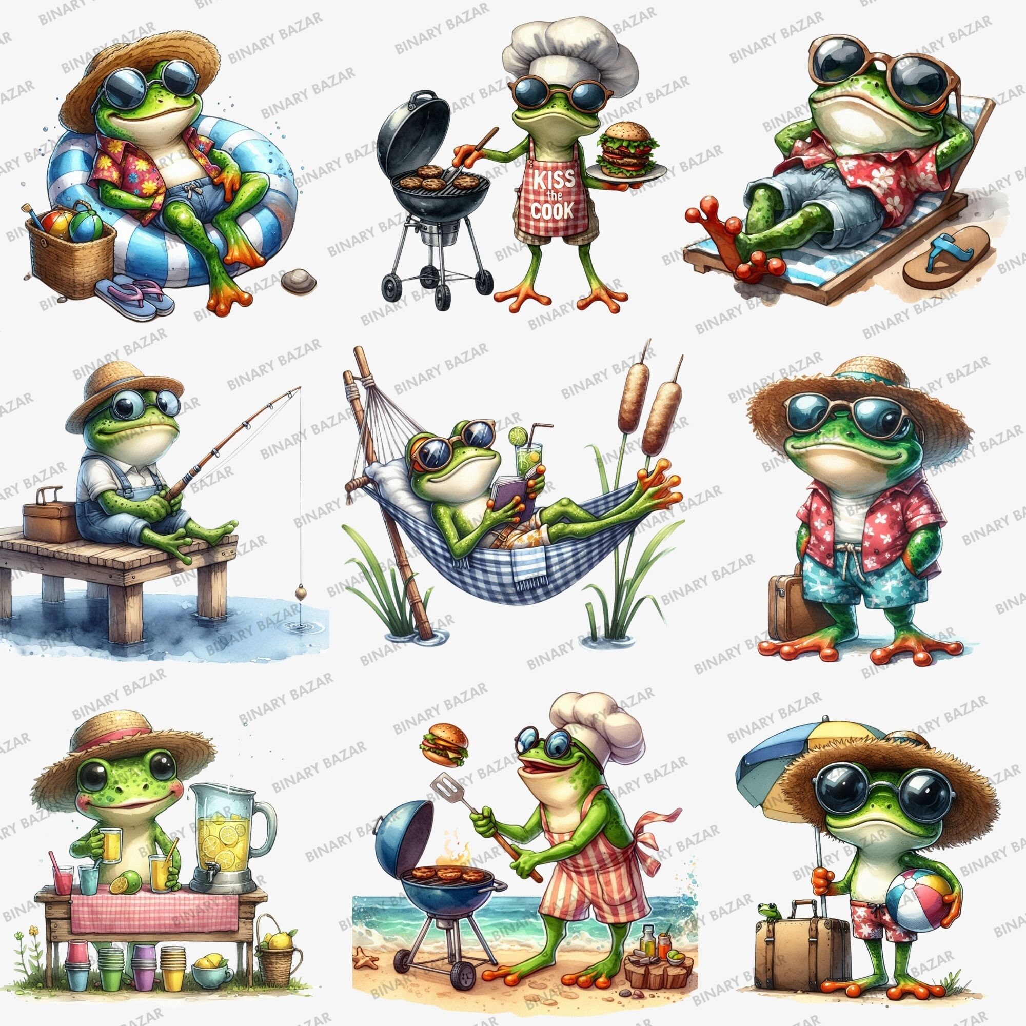 Frog Enjoying Summer Holiday Clipart PNG Bundle 28 Watercolor Cute ...