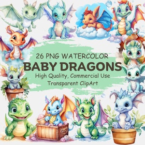 Cute Baby Dragon Dinosaur Clipart PNG Bundle, Watercolor Mythical ...