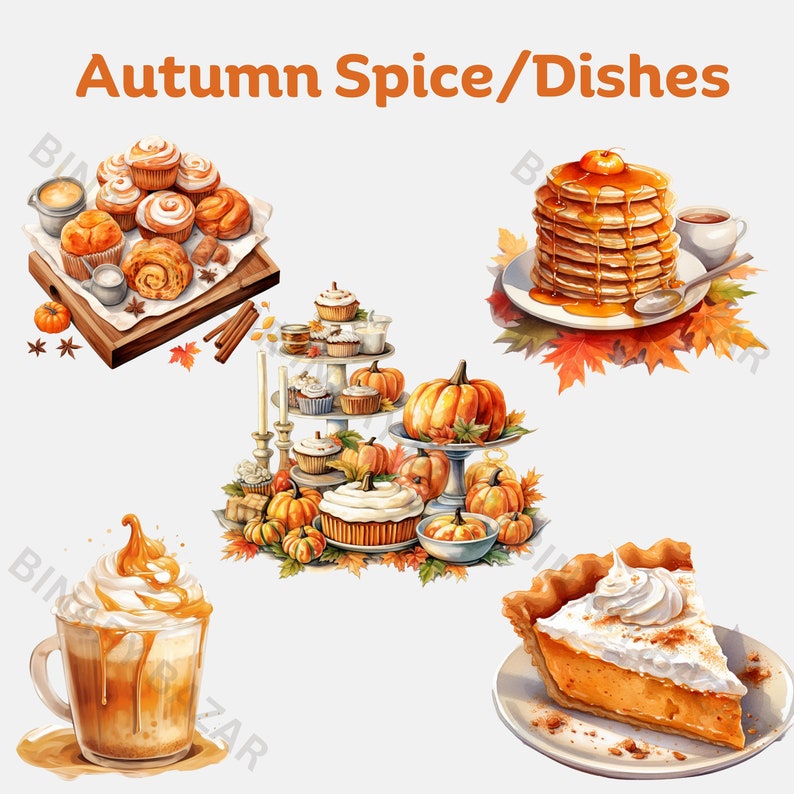 80 Fall Thanksgiving Clipart PNG Bundle Watercolor Cozy Autumn Pumpkin ...