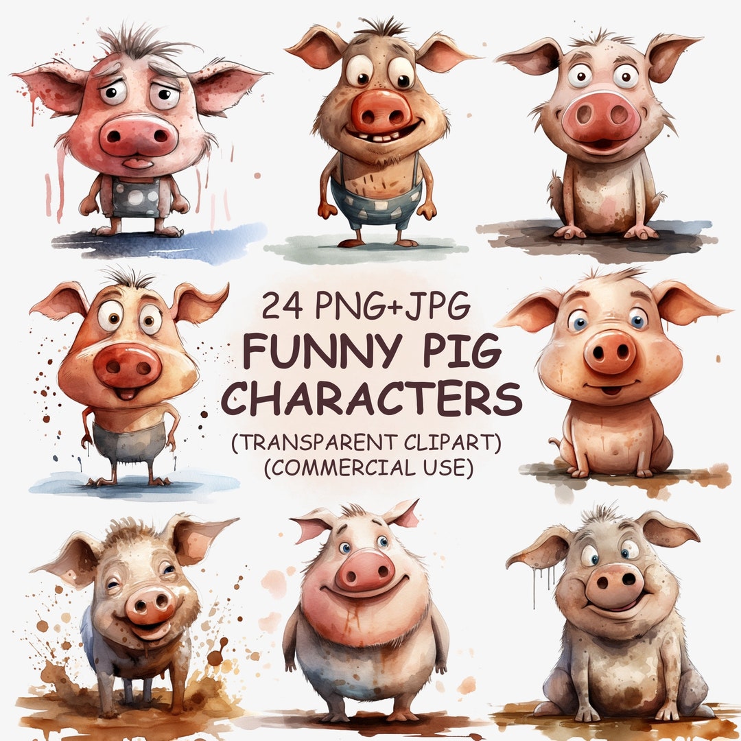 Watercolor Funny Pig Clipart Bundle: 24 PNG & JPG Farm Animal Graphics ...