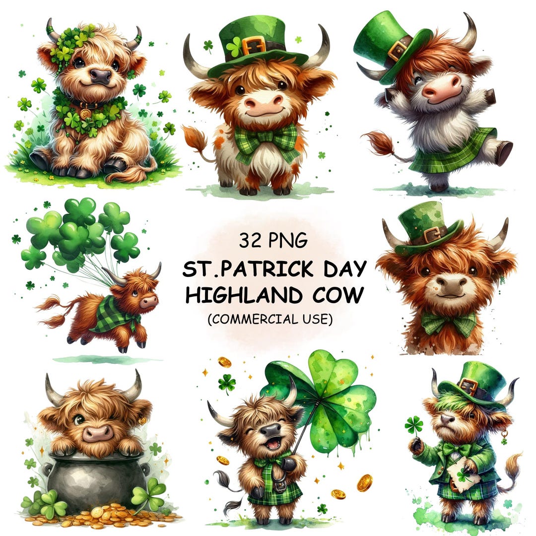 32 St. Patrick's Highland Cow Png Bundle - Watercolor Quirky St ...