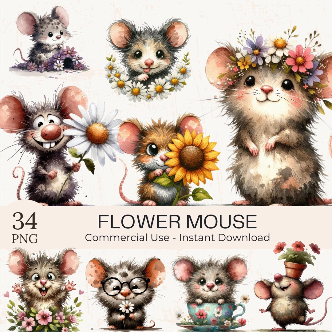 Flower Mouse Clipart: 34 Watercolor Spring Mice PNG Illustrations ...