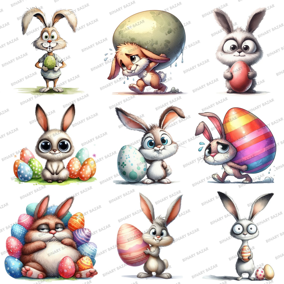 Cute & Funny Easter Bunny With Egg Clipart PNG Bundle 45 Watercolor ...