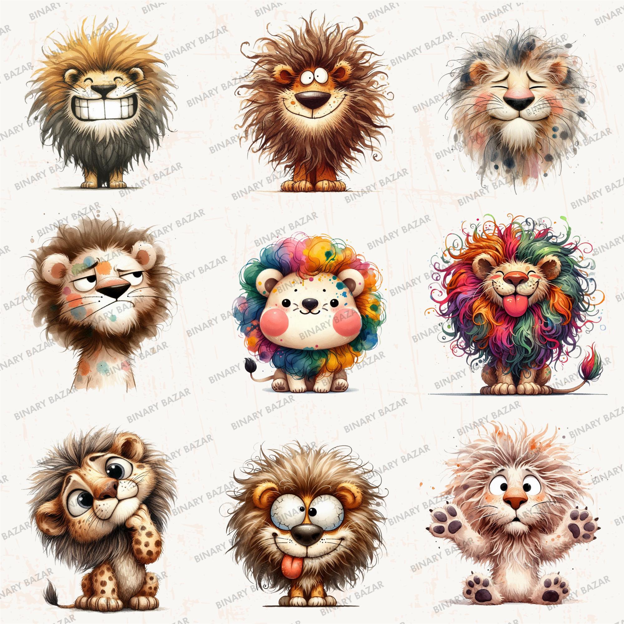 Funny Lion Clipart: 32 Watercolor Quirky Wild Safari Animals PNG & JPG ...