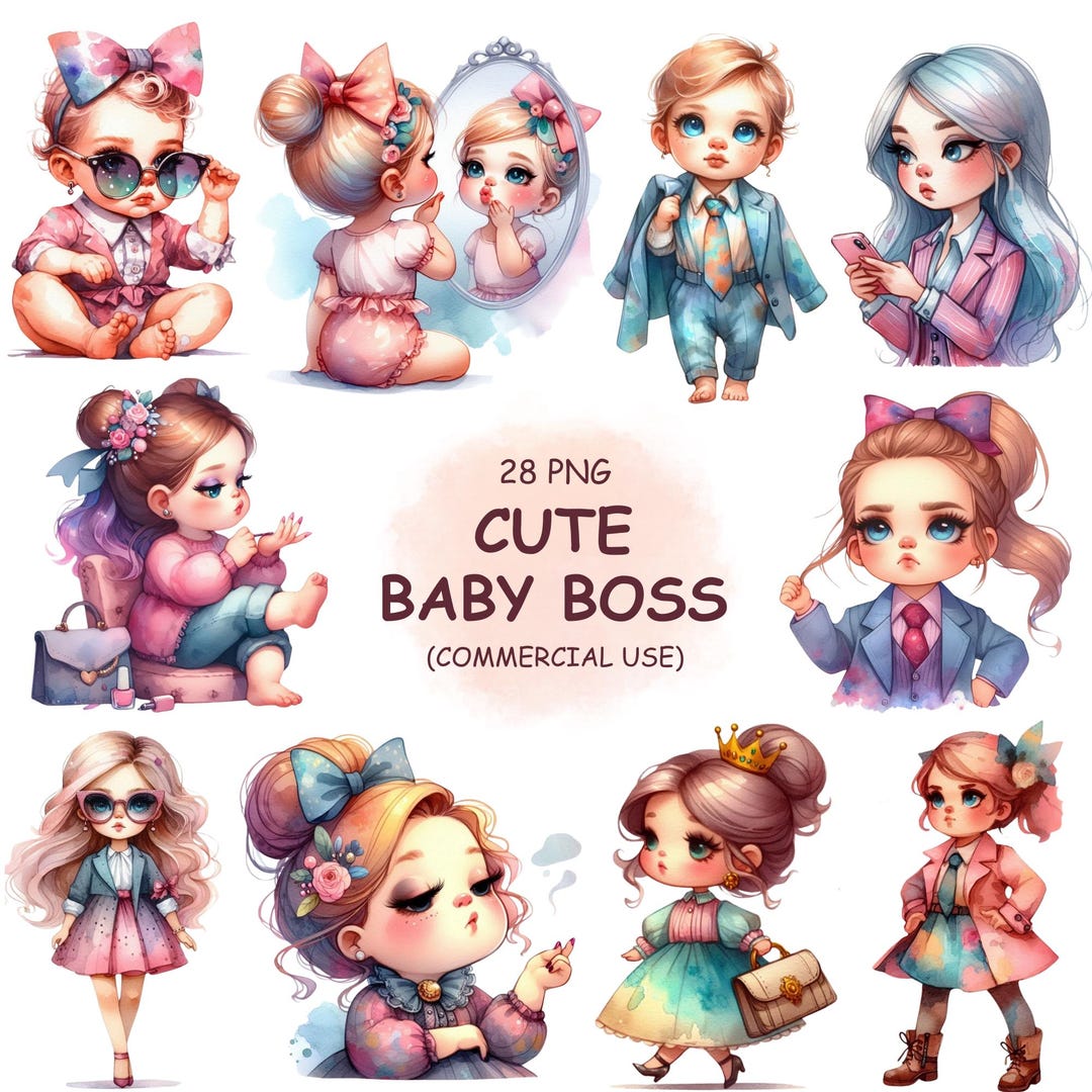Cute Baby Boss Girl Clipart PNG Bundle – 28 Whimsical Watercolor Girl ...