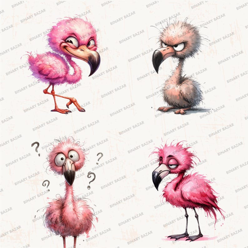 Watercolor Flamingo Clipart PNG Bundle: Funny Tropical Bird Images ...