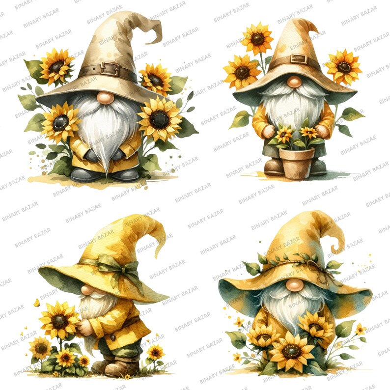 Sunflower Garden Gnome Clipart PNG Bundle 18 Watercolor Spring Gnome ...
