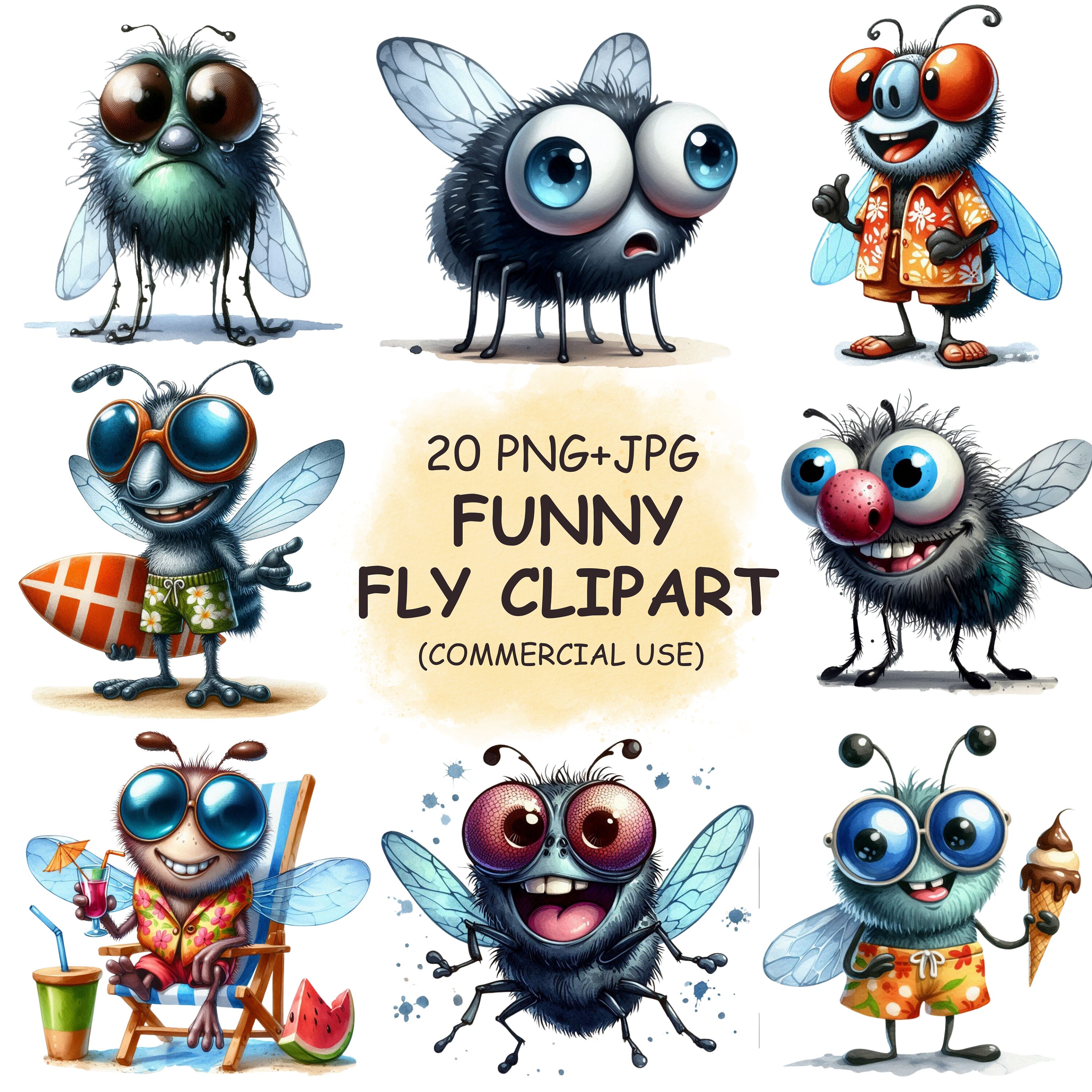 Funny Fly Clipart: 20 Summer Insects, Watercolor PNG JPG (digital ...