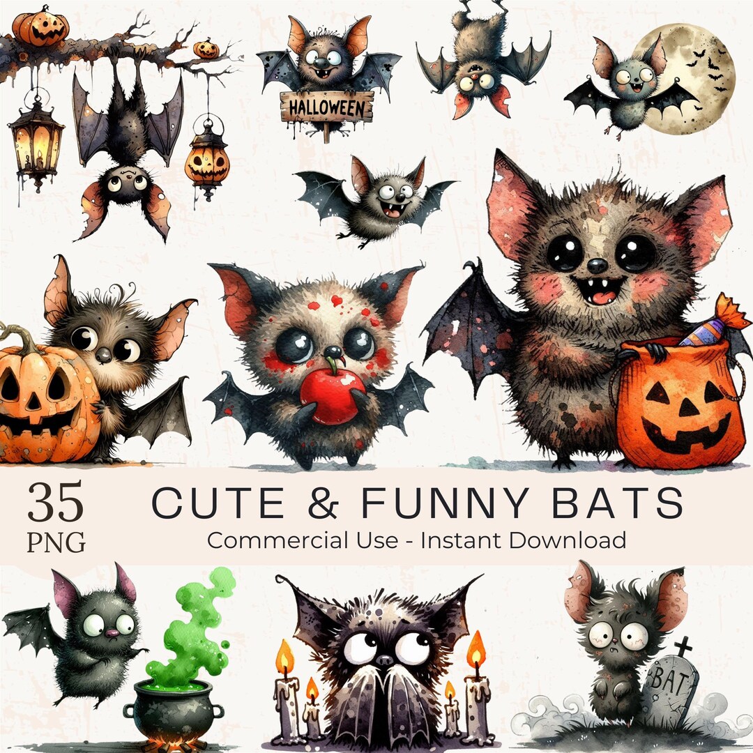 Cute & Funny Bats Clipart Halloween PNG Bundle, 35 Quirky Bat With ...