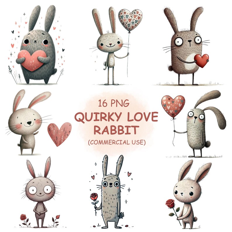 Valentine Bunny Clipart: 16 Quirky Love Rabbits PNG Bundle (digital ...