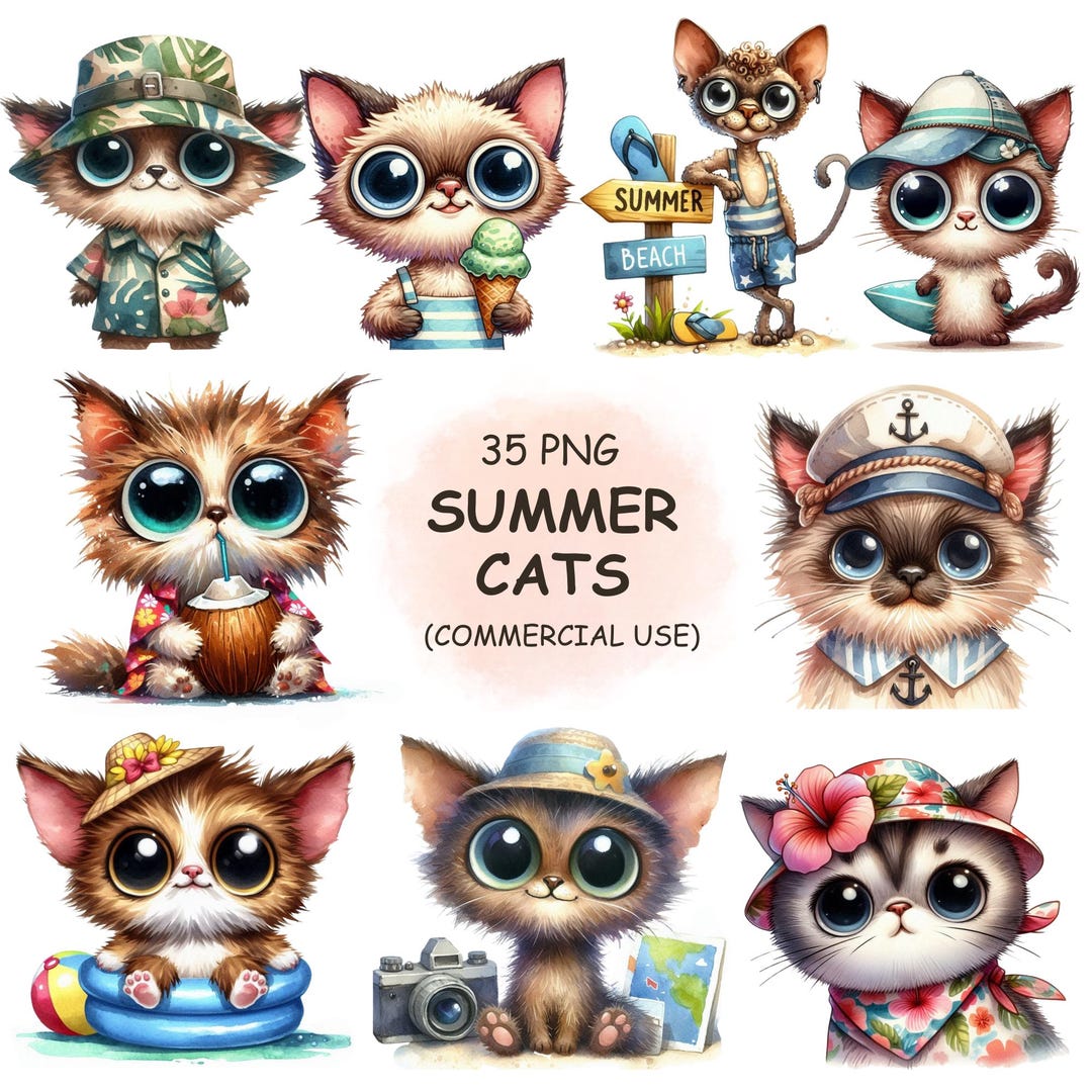 Cute Summer Cats Clipart PNG Bundle - 35 Funny Watercolor Holiday Beach ...