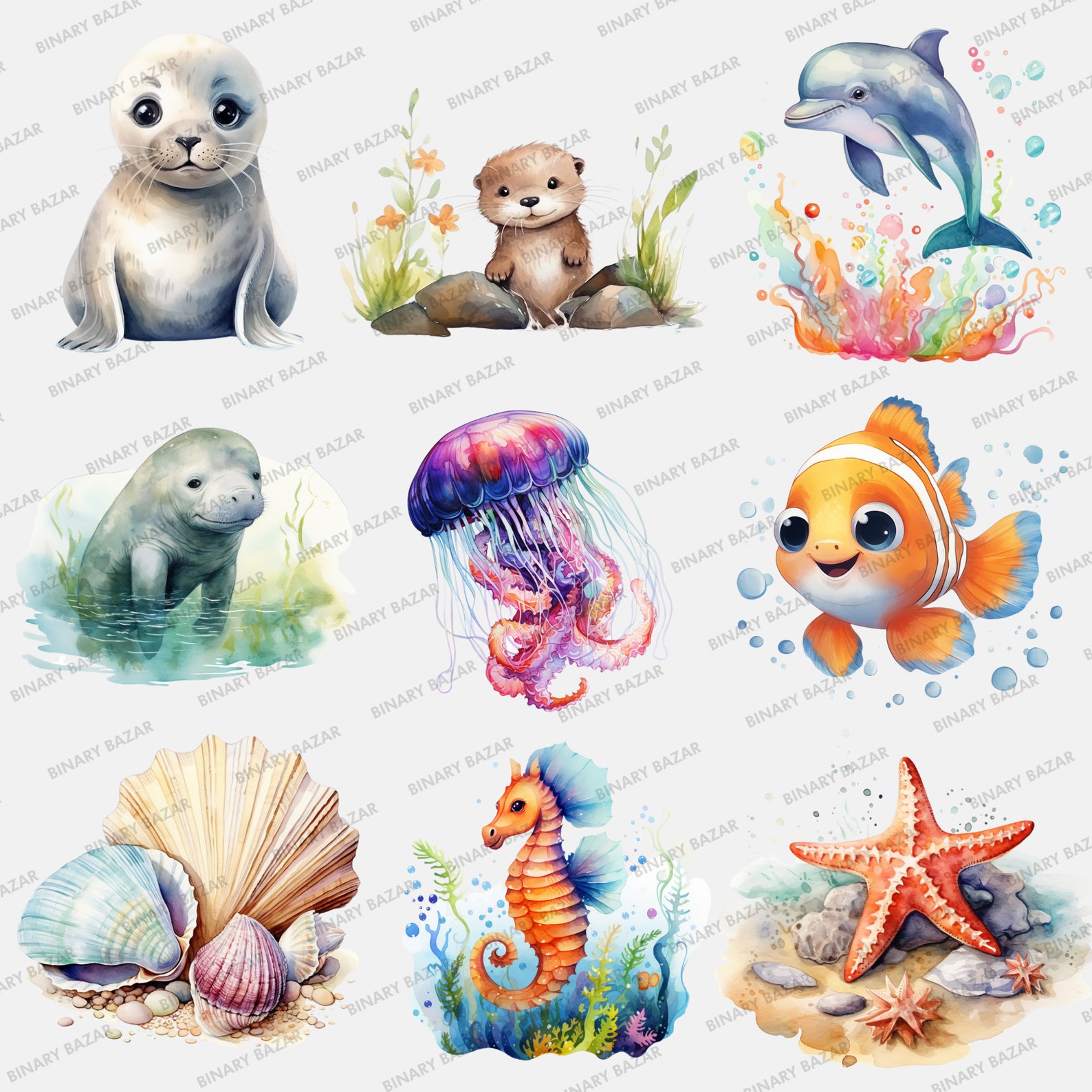 Cute Sea Life Creatures Clipart PNG Bundle - 18 Watercolor Ocean Under ...