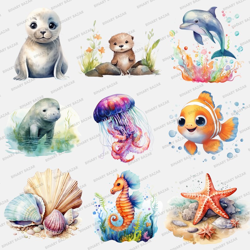 Cute Sea Life Creatures Clipart PNG Bundle 18 Watercolor Ocean Under ...