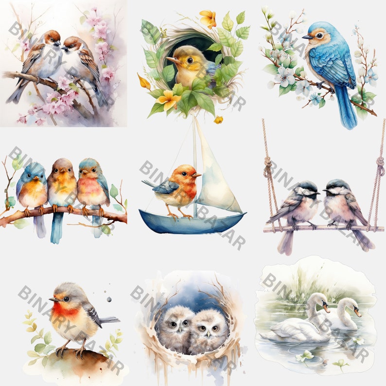 Cute Birds Clipart PNG Bundle 34 Watercolor Colorful Birds Clip Art ...