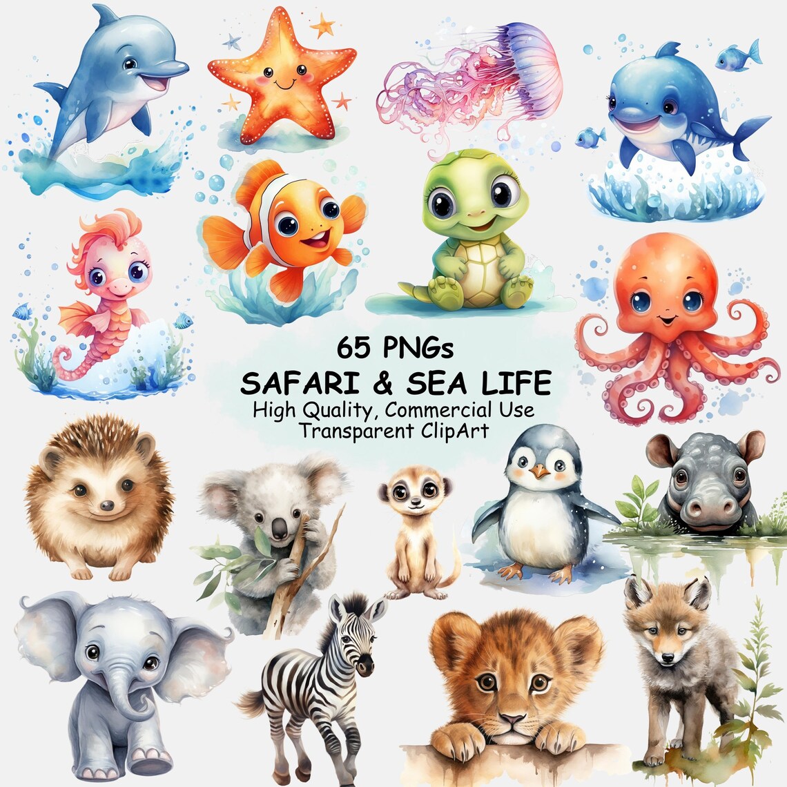 Cute Jungle and Sea Life Clipart Ocean Clipart, Safari Animals Clipart ...
