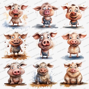 Watercolor Funny Pig Clipart Bundle: 24 PNG & JPG Farm Animal Graphics ...