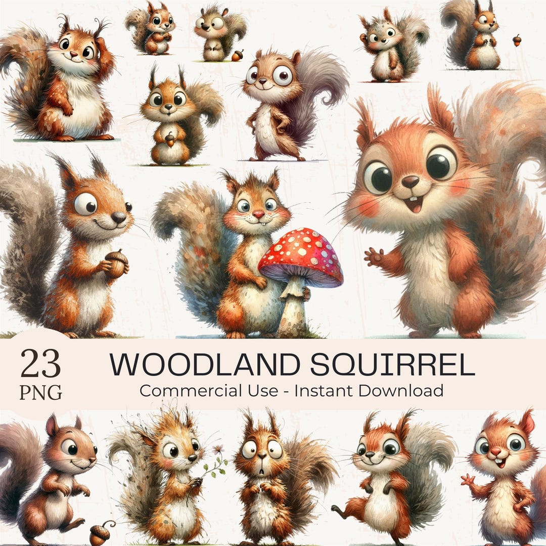 Woodland Squirrel Clipart PNG Bundle: 23 Watercolor Funny Animals ...