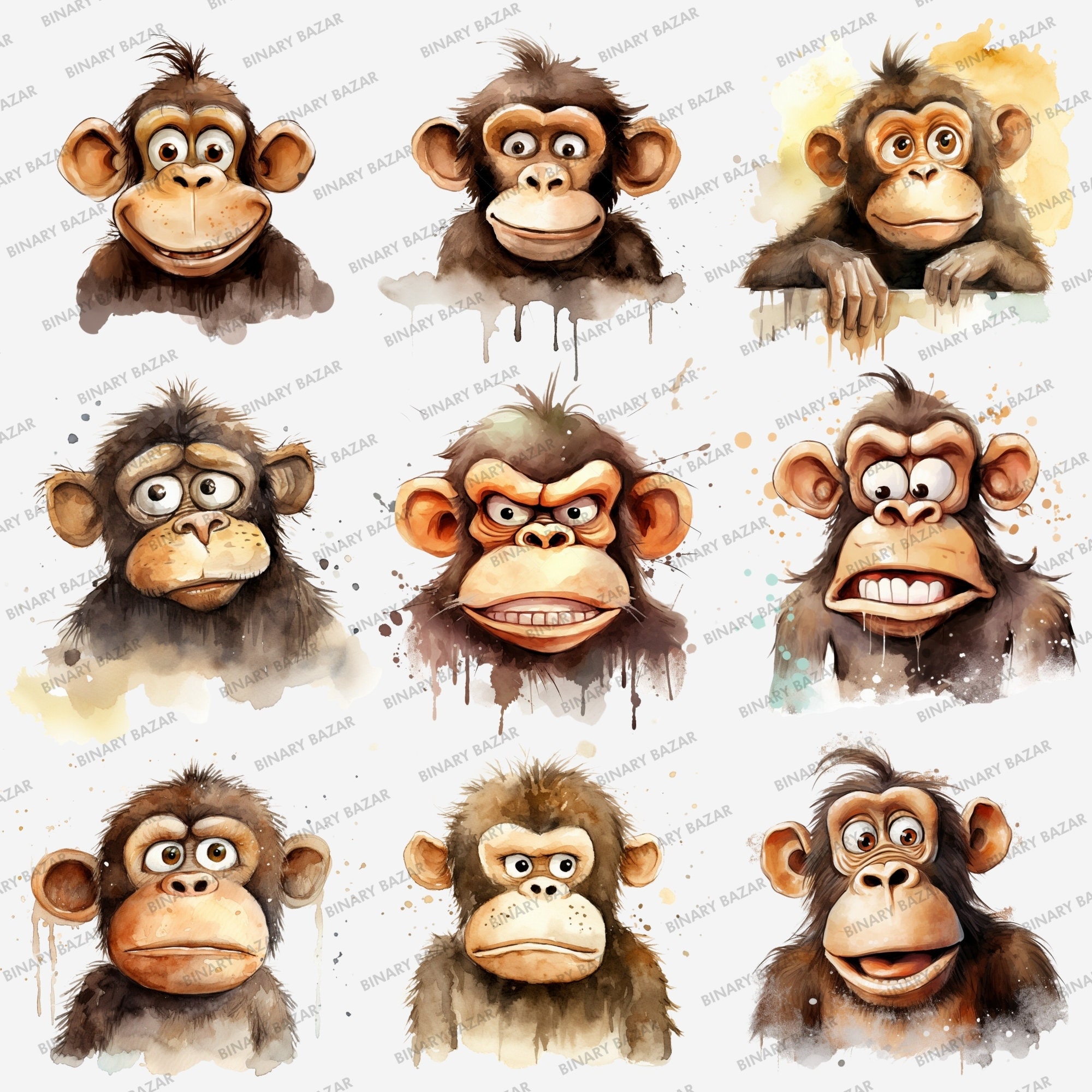 Funny Monkey Faces Clipart: 34 Watercolor PNG Bundle (commercial Use ...