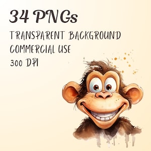 Funny Monkey Faces Clipart: 34 Watercolor PNG Bundle (commercial Use ...