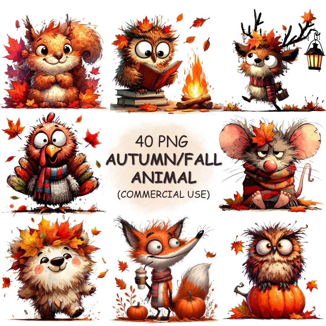 40 Autumn Fall Animal Clipart PNG Quirky Funny & Cute Cozy Autumn ...