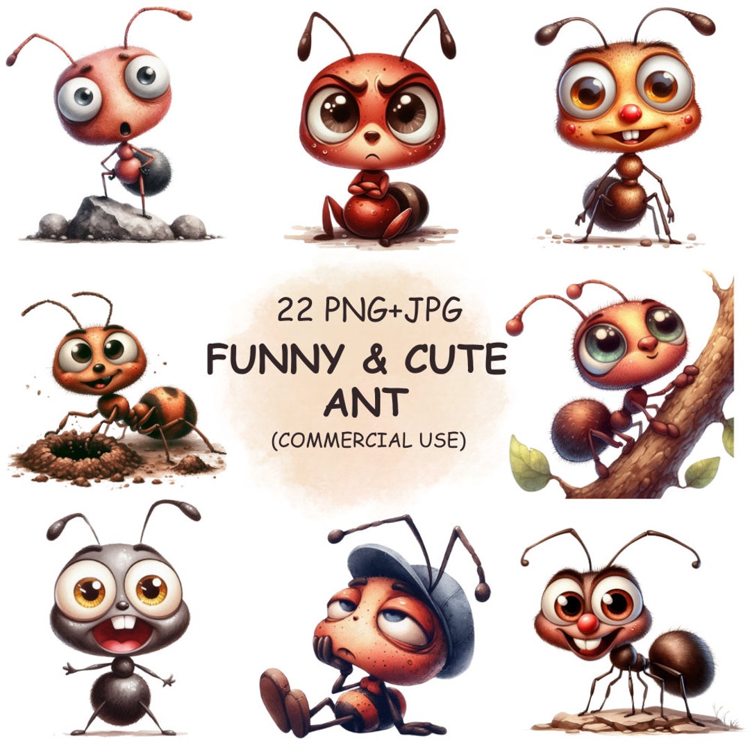 Funny and Cute Ant Insect Clipart PNG Bundle - 22 Watercolor Quirky Ant ...
