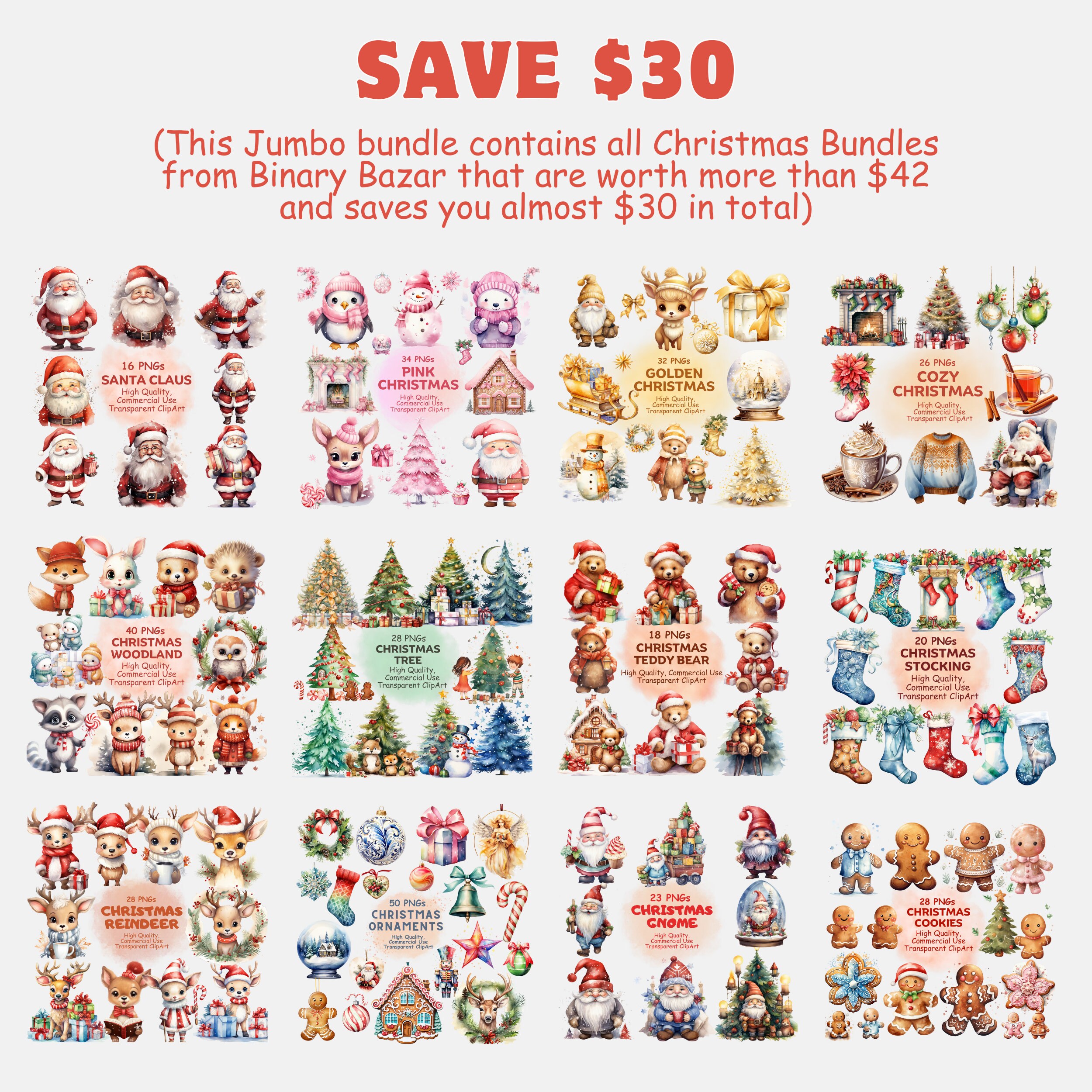 Merry Christmas Clipart PNG Bundle Watercolor Xmas Clip Art 390 Cozy ...