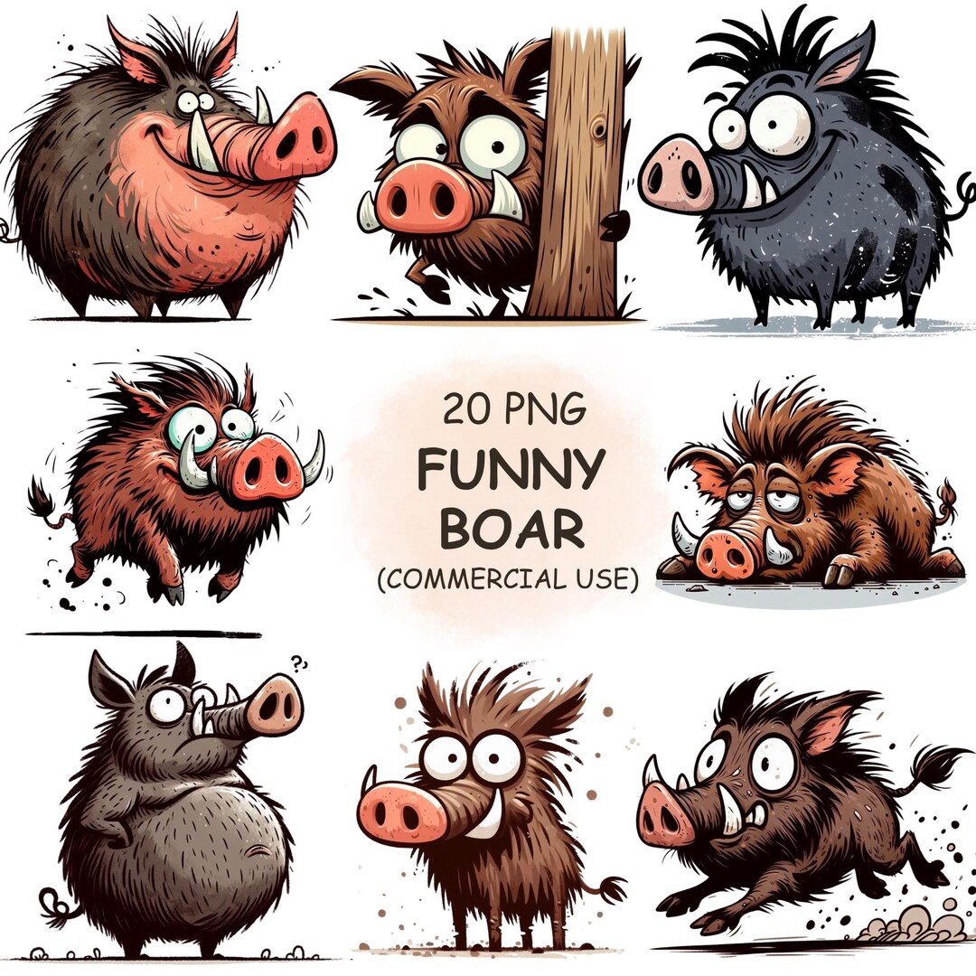 Funny Quirky Silly Boar Clipart PNG Bundle - 20 Watercolor Expressive Humor Safari Wild Animals ...