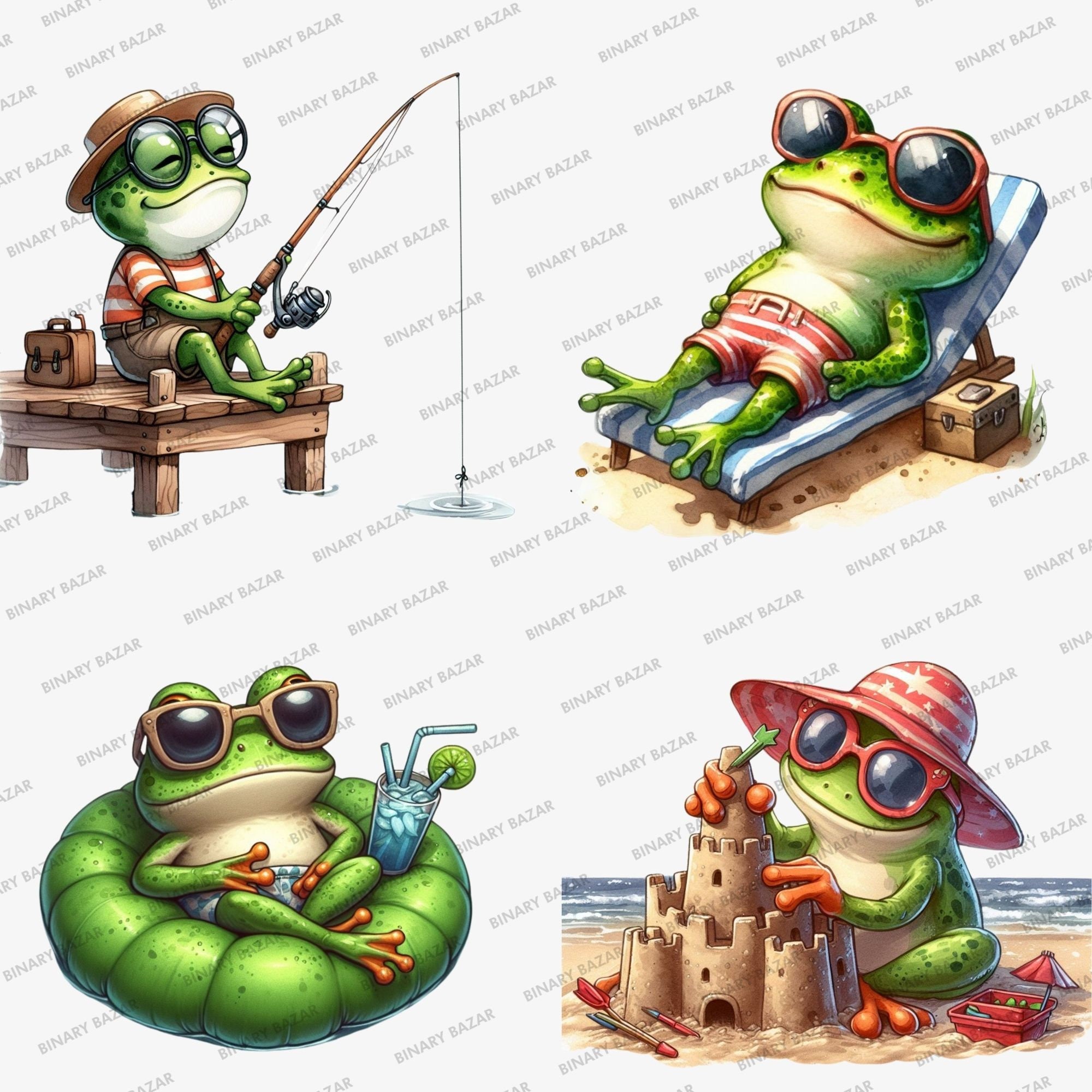 Frog Enjoying Summer Holiday Clipart PNG Bundle 28 Watercolor Cute ...