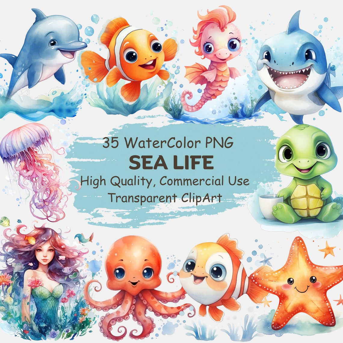 Cute Sea Animals Clipart Ocean Clipart, Under the Sea Life PNG ...