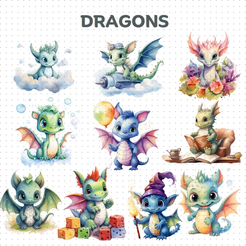 Cute Baby Mythical Creatures Clipart PNG Bundle Watercolor Fantasy ...