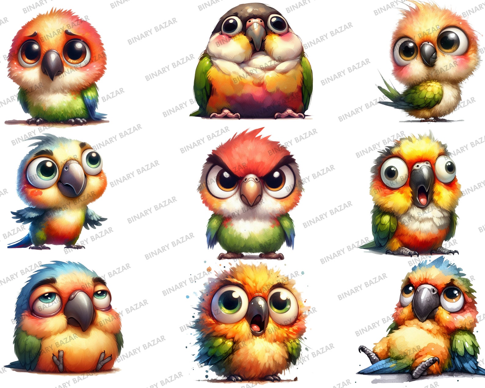 Cute and Funny Conure Clipart PNG & JPG Bundle 33 Watercolor Adorable ...