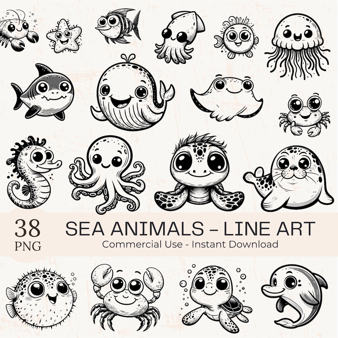 Line Art Sea Animals Clipart Bundle: Black & White Cartoon Ocean Life ...