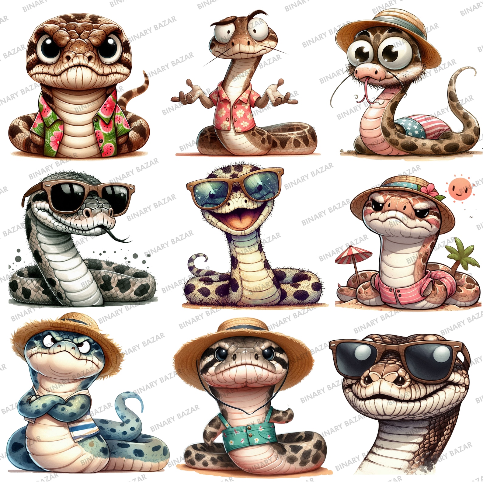 Cute & Funny Anaconda Snake Clipart PNG Bundle 20 Watercolor Anaconda ...
