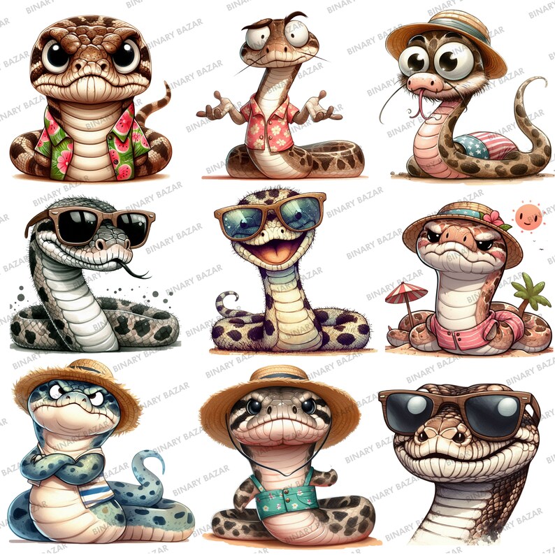 Cute & Funny Anaconda Snake Clipart PNG Bundle 20 Watercolor Anaconda ...