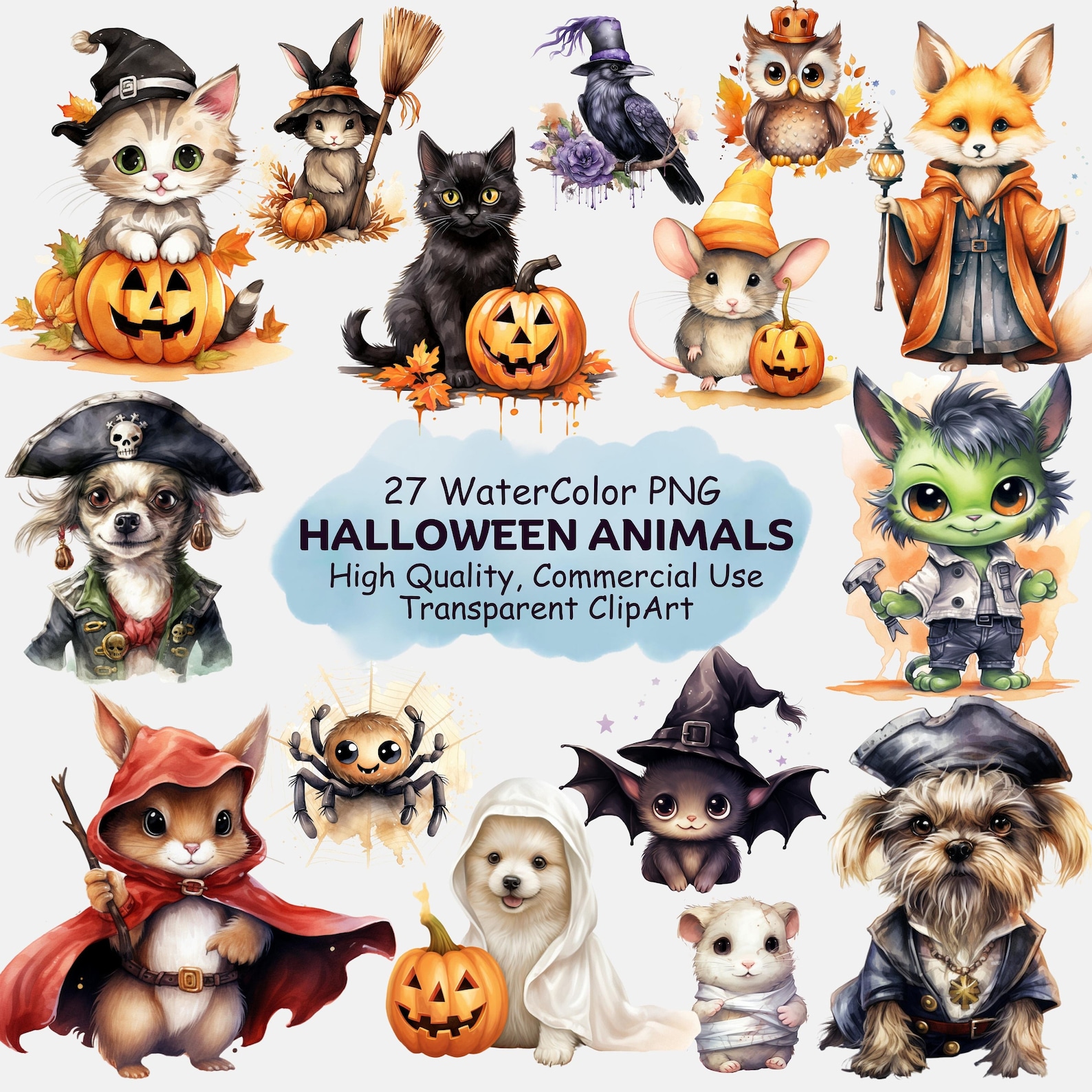 Cute Halloween Animals Clipart Kawaii PNG, Adorable Kids Graphics, Cute ...
