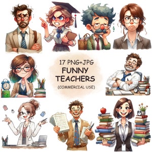 Funny Teacher Card Making Clipart PNG Bundle - 17 Cute Watercolor ...